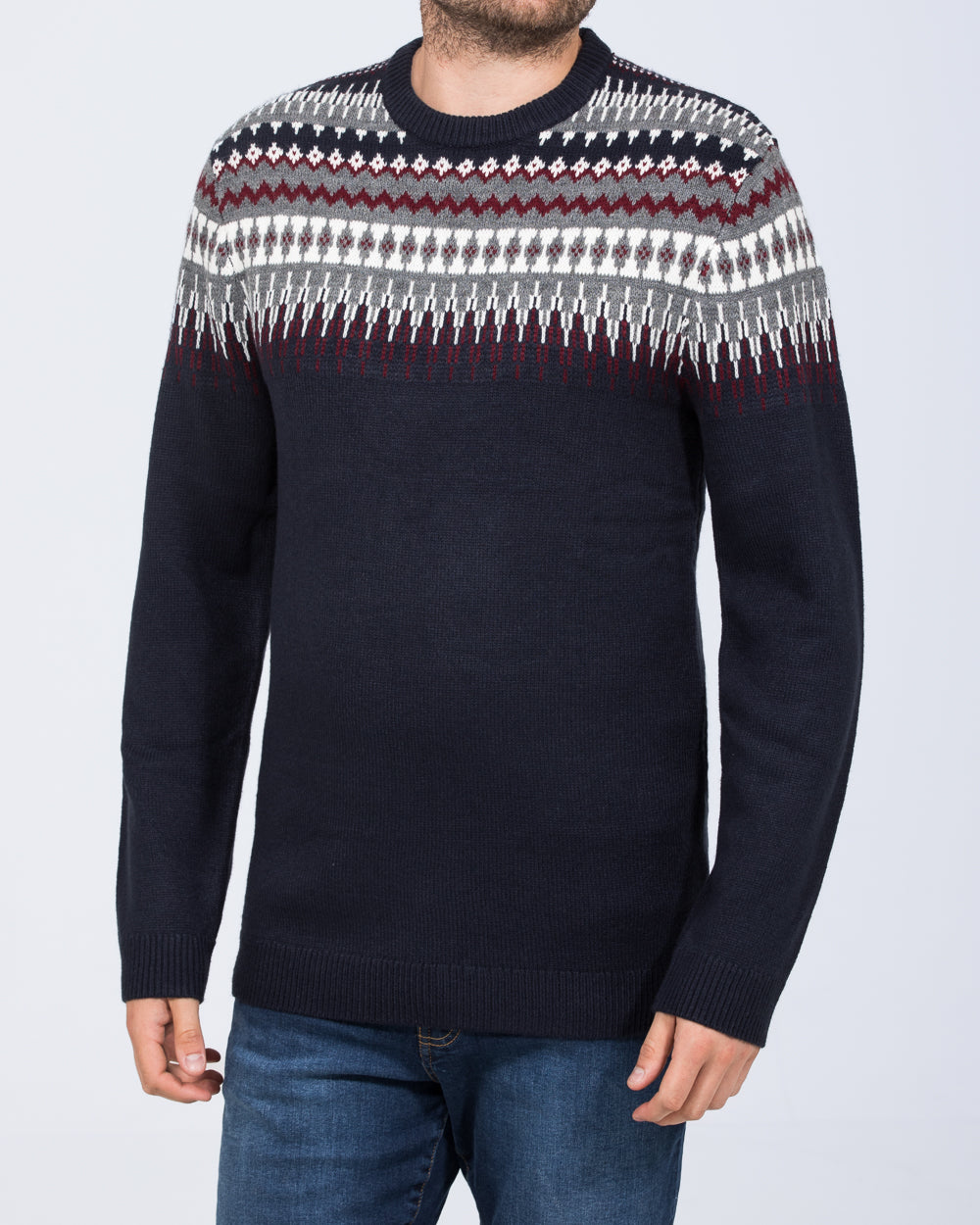 2t Finn Tall Mens Extra Long Fairisle Yoke Jumper (navy) | Tall Mens ...